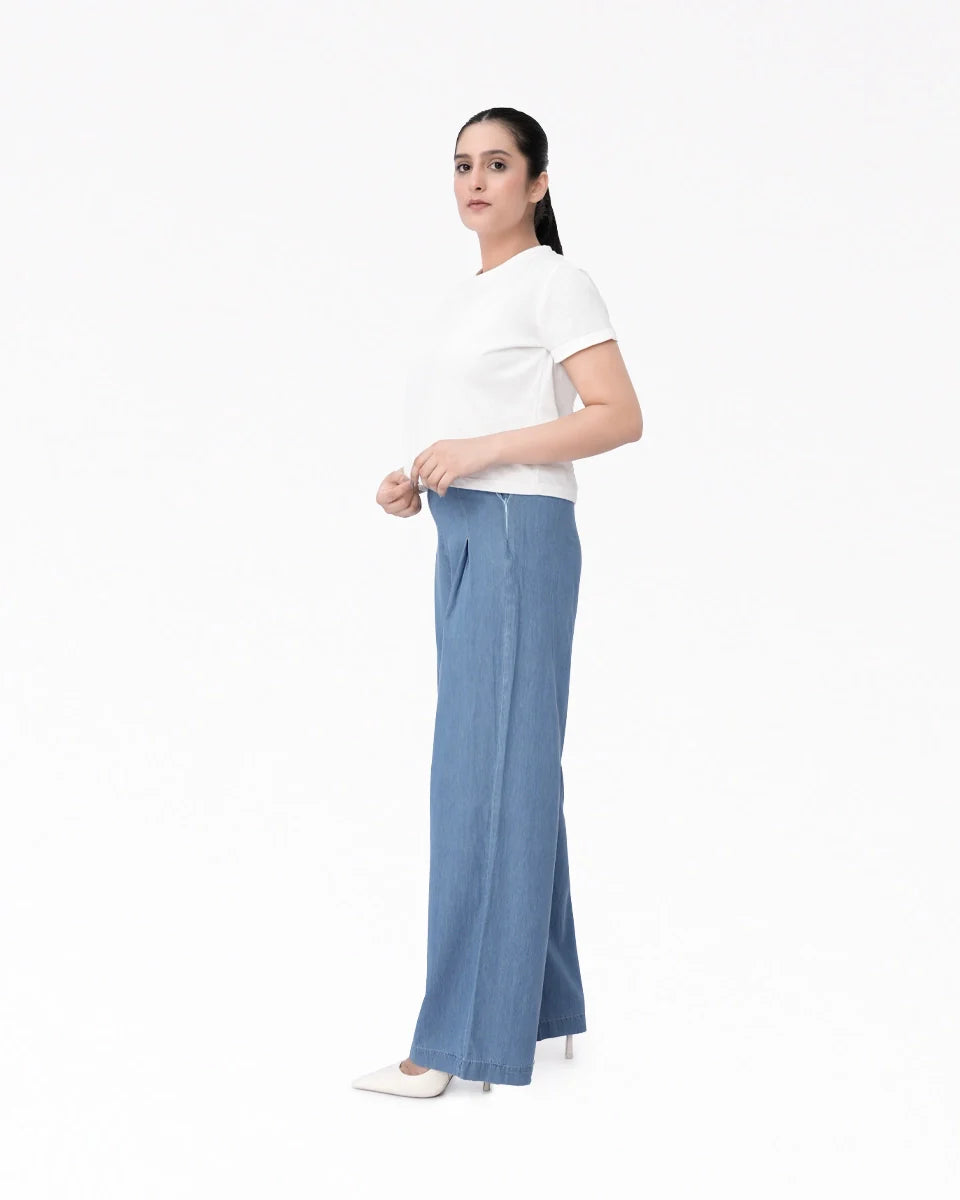 Wide Leg Denim Palazzo - LT Blue - Harwage